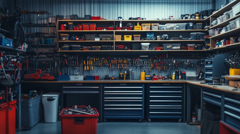 A Tidy Garage with a Toolbox and Shelves of Labeled Storage Bins Stock ...