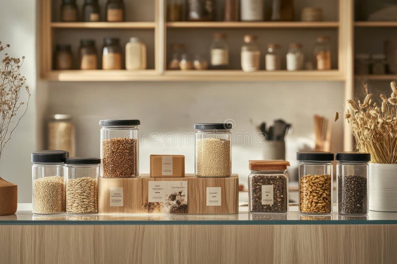 A Tidy Kitchen Display Featuring Various Jars of Grains and Spices for ...