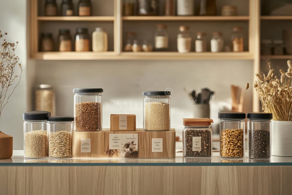 A Tidy Kitchen Display Featuring Various Jars of Grains and Spices for ...