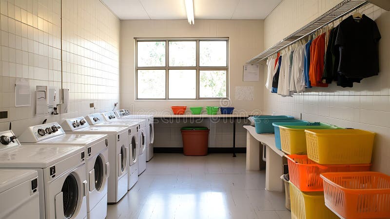A Tidy Laundry Area with Baskets Full of Clothes, a Clothes Drying Rack ...