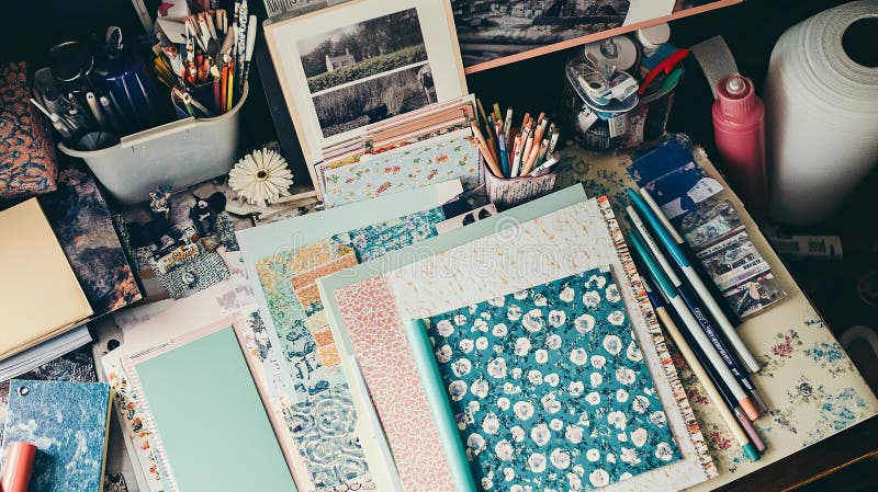 A Tidy Scrapbook Corner with Patterned Paper, Photos, and Glue Sticks ...