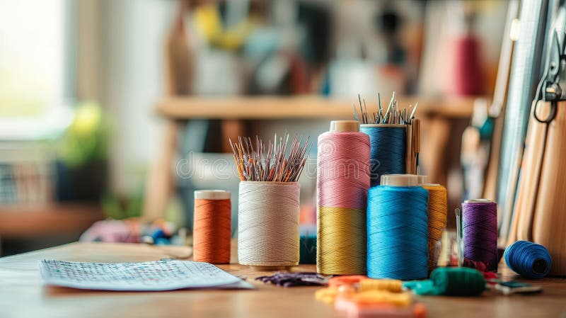 A Tidy Sewing Station with Simple Patterns, Needles, and Colorful Stock ...