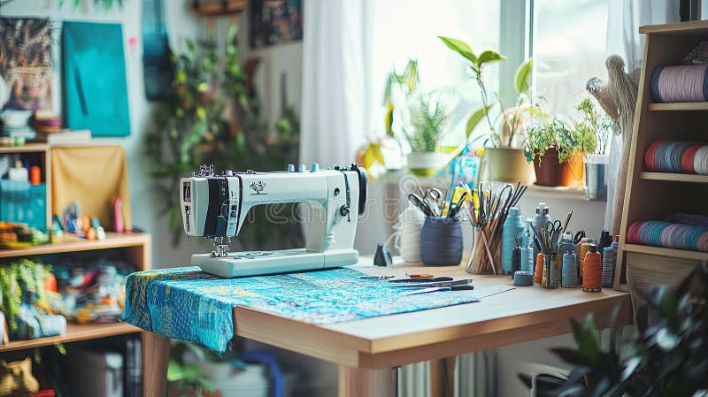 A Tidy Sewing Table with Fabric, Scissors, and a Sewing Machine Ready ...