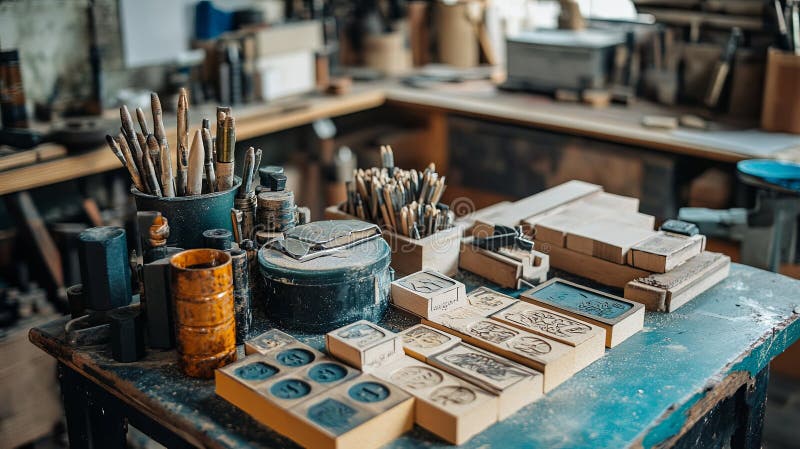 A Tidy Stamp-making Setup with Rubber Blocks, Carving Tools, and Ink ...