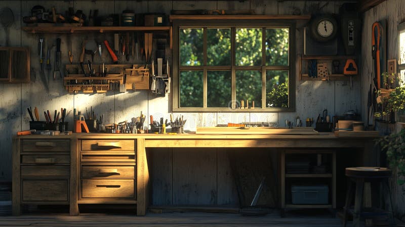 A Tidy Workbench with Neatly Arranged Tools and a Wooden Project Stock ...