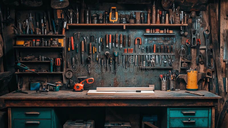 A Tidy Workbench with Neatly Arranged Tools and a Wooden Project Stock ...