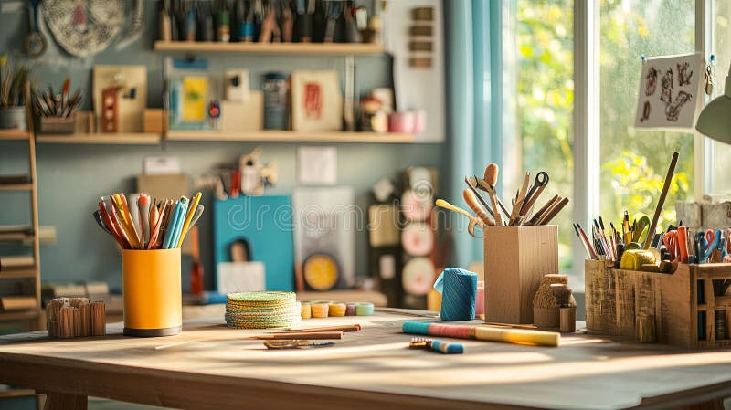 A Tidy Workbench with a Set of Crafting Tools and Colorful Ribbons ...