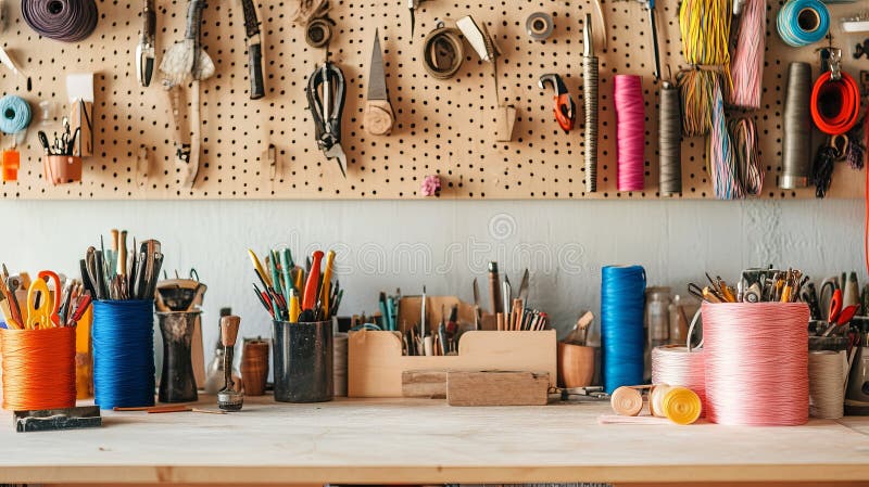 A Tidy Workbench with a Set of Crafting Tools and Colorful Ribbons ...