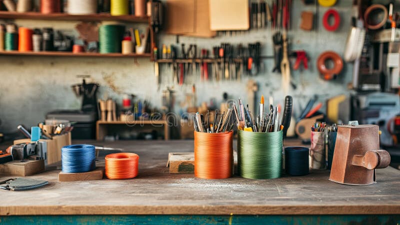 A Tidy Workbench with a Set of Crafting Tools and Colorful Ribbons ...