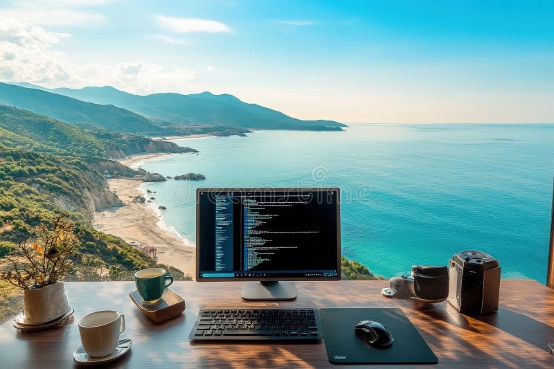 Remote Work Setup Overlooking a Stunning Coastal View with a Clean Desk ...