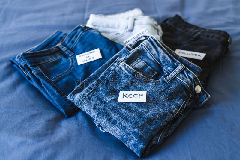 Keep Vs Declutter Label on Different Jeans in Various Denim Colors ...