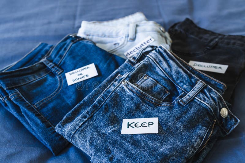 Keep Vs Declutter Label on Different Jeans in Various Denim Colors ...