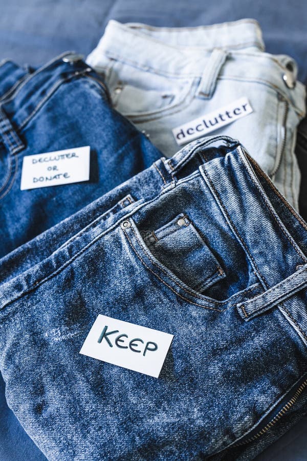 Keep Vs Declutter Label on Different Jeans in Various Denim Colors ...