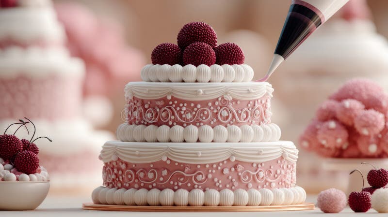 Tiered Cake Being Decorated by a Baker with Piping Bag Stock Image ...