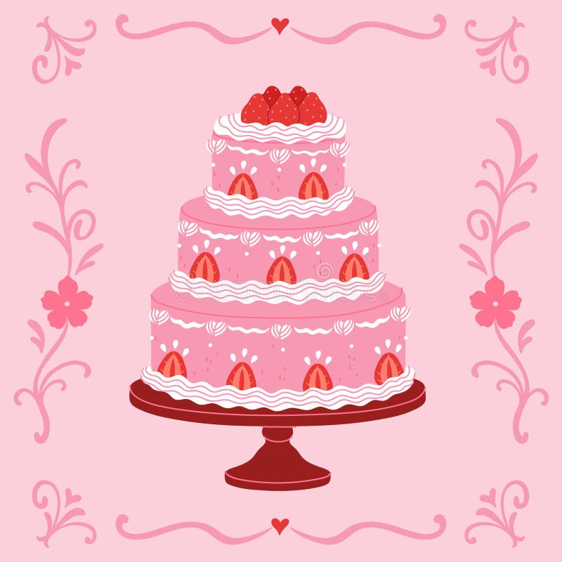 Tiered Pink Strawberry Cake on a Stand on a Pink Background. Vector ...