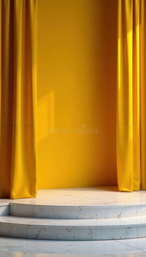 Tiered Stage with Open Yellow Curtain and Polished Marble , Rich ...