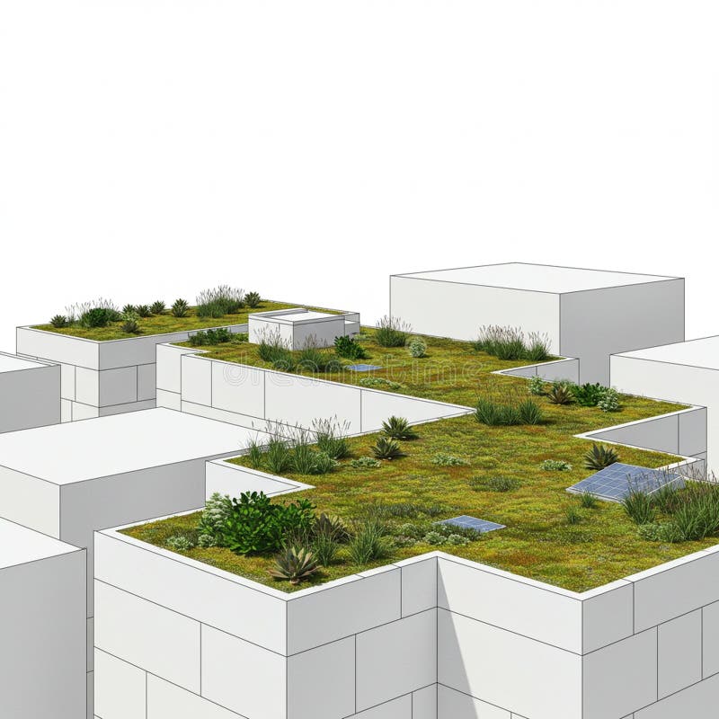 Tiered White Buildings Featuring Green Roofs with Various Plants ...