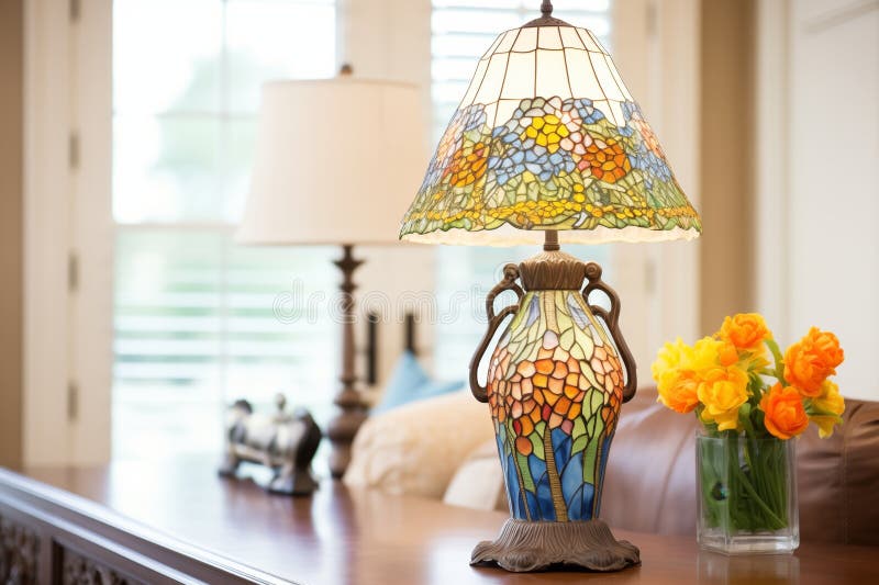 Tiffany-style Glass Table Lamp Emitting Colorful Light Stock Image ...