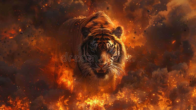 Tiger Advancing through Flames with Smoke and Fire Surrounding it in a ...