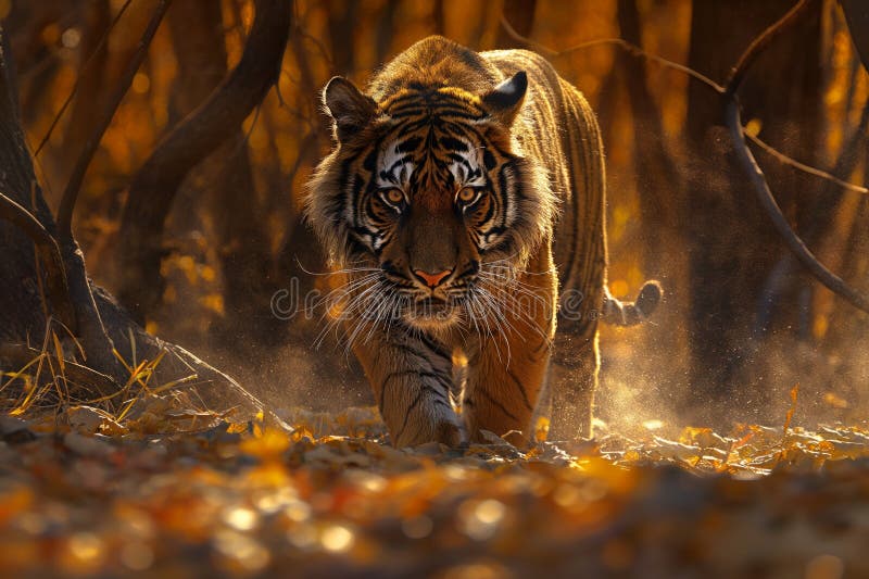 Tiger Advancing in Golden Forest Light Stock Image - Image of gaze ...