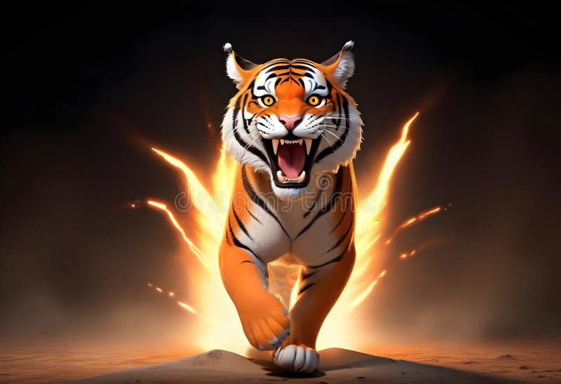 A Tiger with an Aggressive Pose Stands Amidst a Fiery Explosion ...