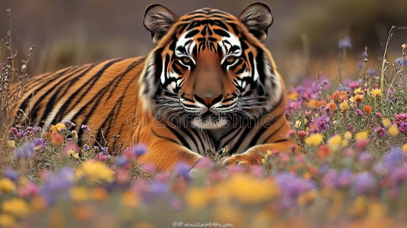 Tiger Amidst Colorful Flowers Stock Photo - Image of species, fauna ...
