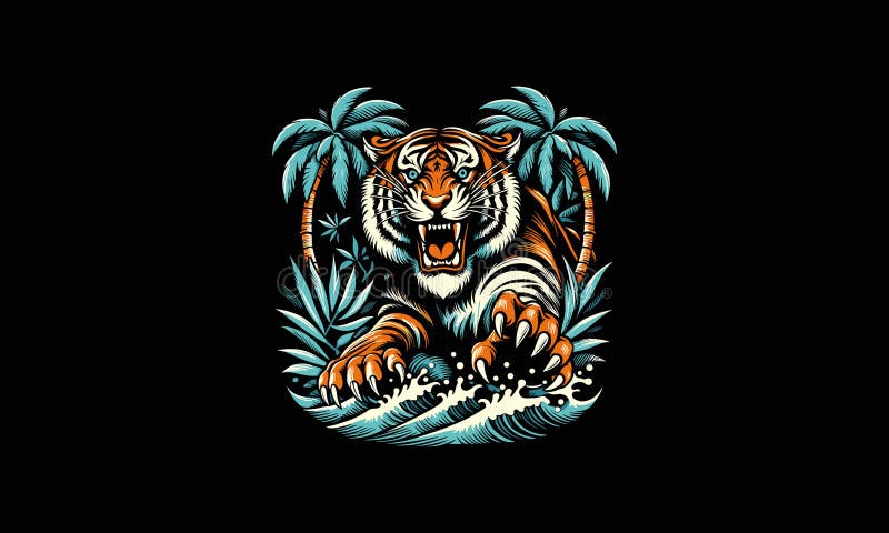 Tiger Angry with Palm Vector Flat Design Stock Vector - Illustration of ...