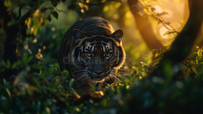 Tiger Approaching through Foliage, Amber Eyes Focused Forward Stock Illustration - Illustration ...