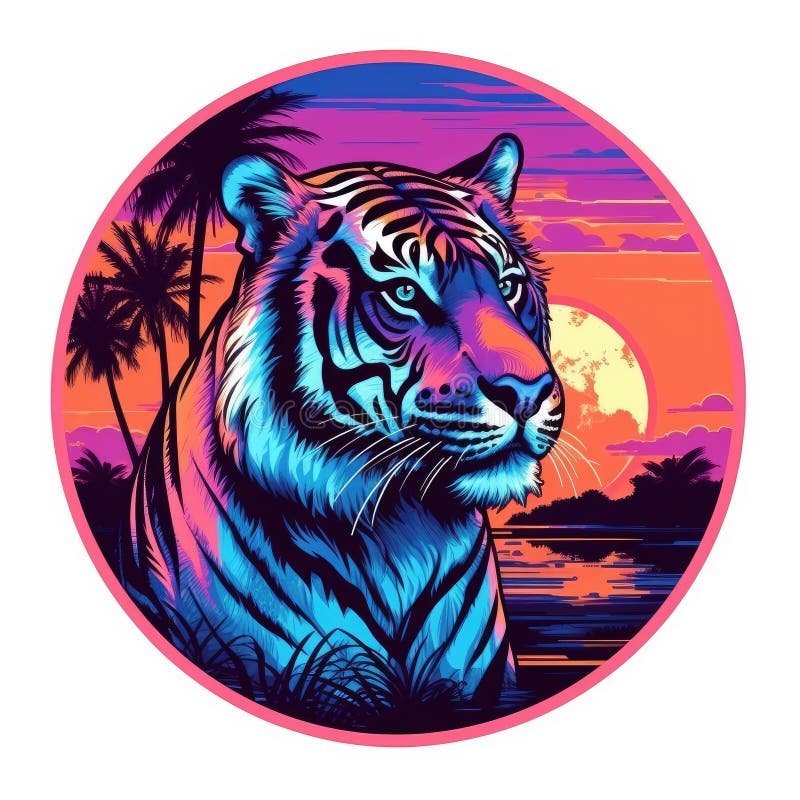 Tiger in Neon Colors Against the Sunset Scene with Vaporwave-inspired ...