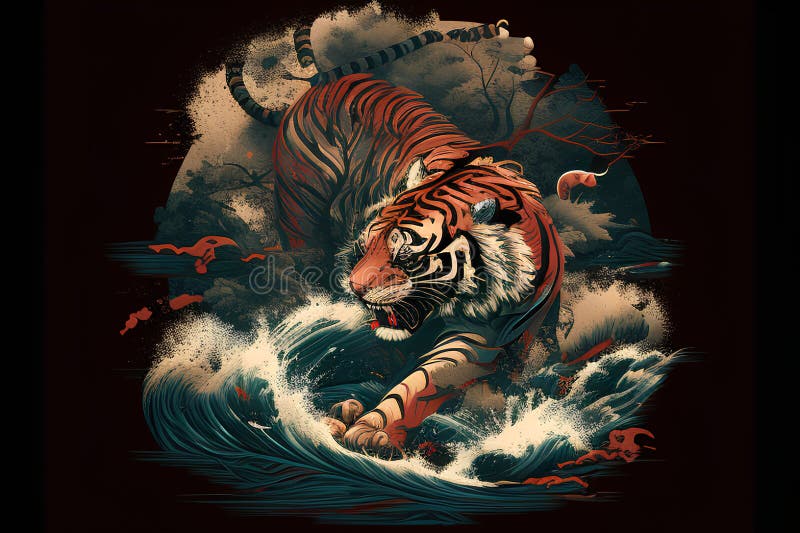 Tiger on the Background of a Huge Wave. Vector Illustration Stock ...