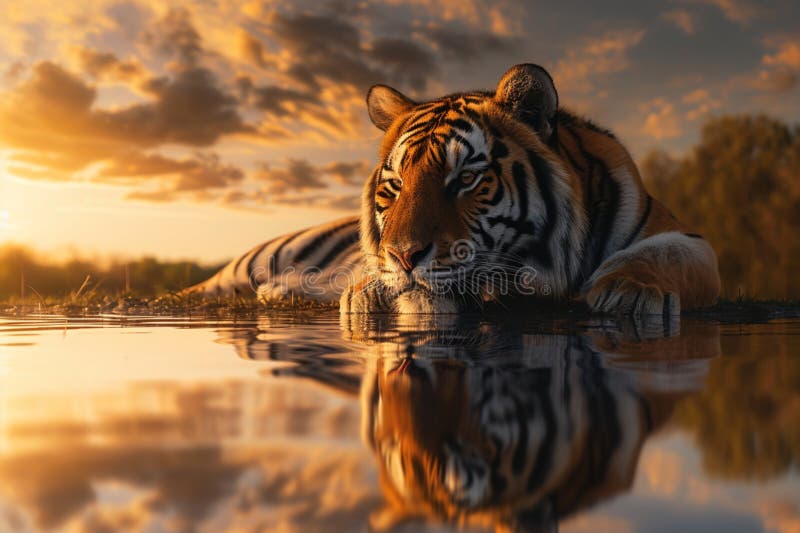 Tiger Basking in the Warm Glow of Sunset Its Reflection Shimmering in ...