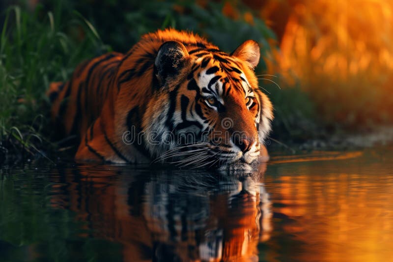 Tiger Basking in the Warm Glow of Sunset Its Reflection Shimmering in ...