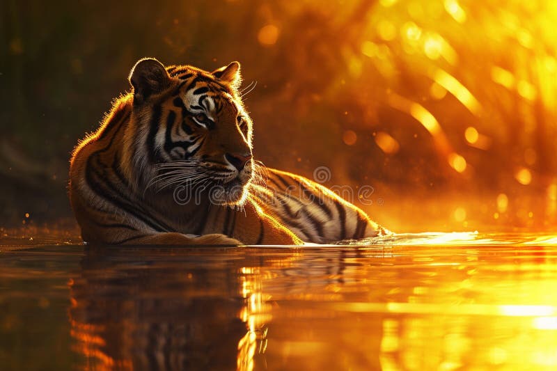 Tiger Basking in the Warm Glow of Sunset Its Reflection Shimmering in ...