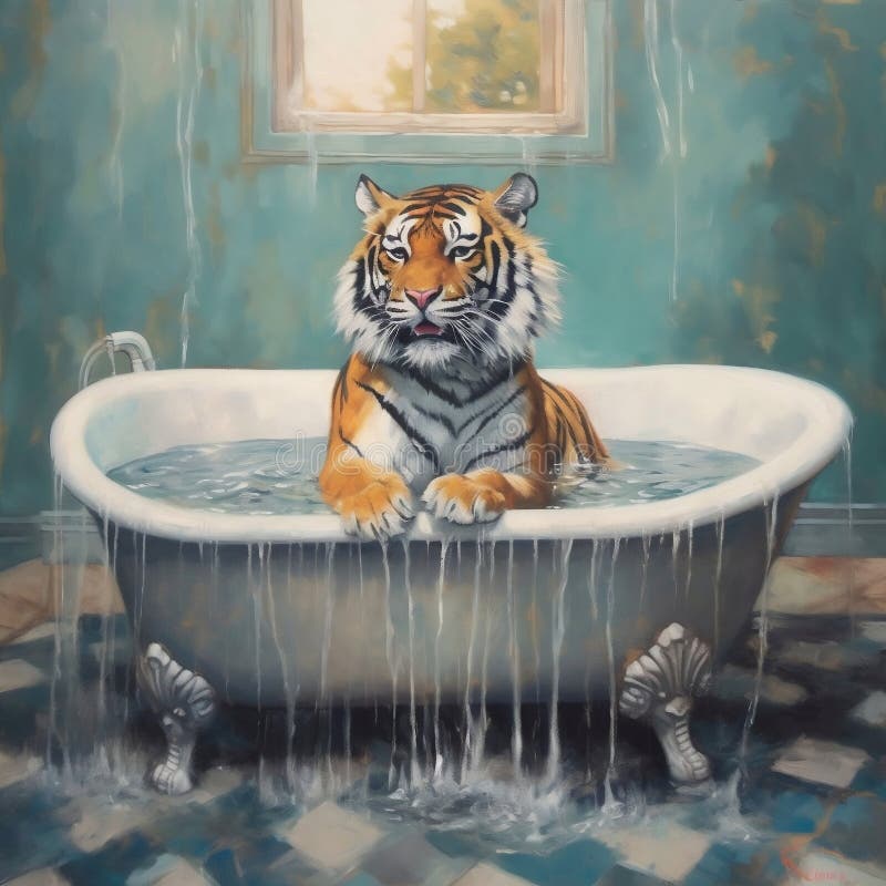 Tiger Bathing in a Bathtub. Generative AI Stock Illustration ...