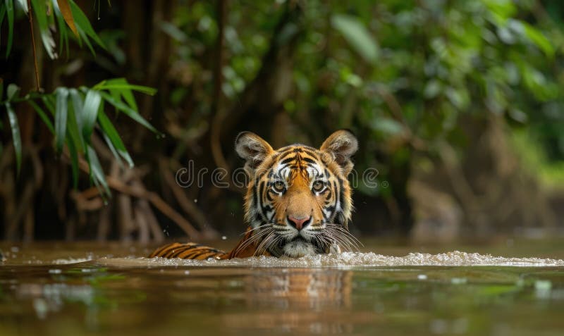 Tiger Bathing in the River Cool Water Stock Image - Image of portrait ...