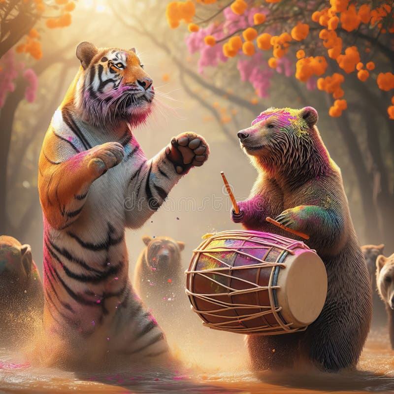 Tiger and Bear Dancing on Holi Festival Stock Illustration ...
