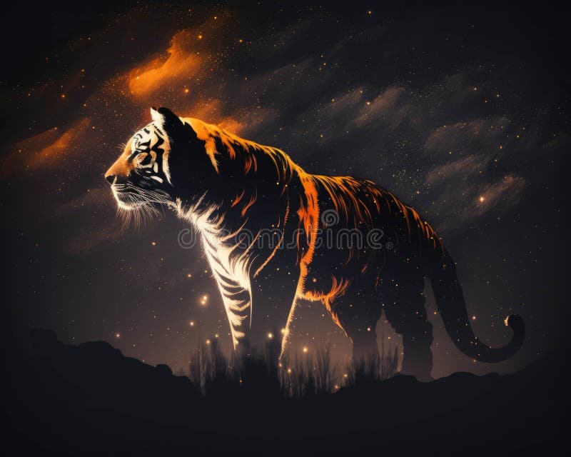 A Tiger Burning Brightly in the Night Sky. Zodiac Astrology Concept ...