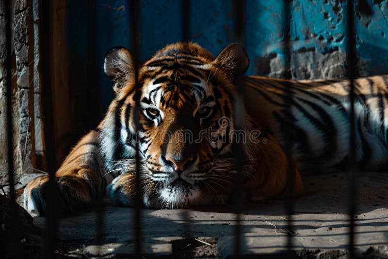 Tiger in cage behind bars stock illustration. Illustration of looking ...