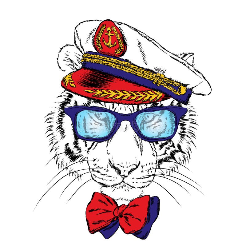 Tiger in the Captain`s Cap. Stock Vector - Illustration of ocean ...