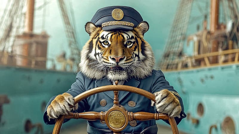 Tiger Captain Steers a Ship Stock Illustration - Illustration of nature ...
