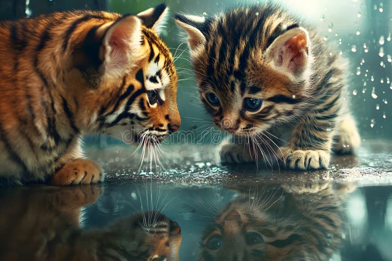 Tiger and Cat Interacting with Reflections on a Wet Surface Stock ...