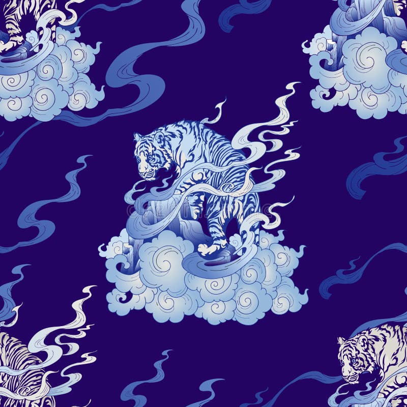Tiger Climbing on Hill and Cloud Design with Chinese or Japanese Tattoo ...
