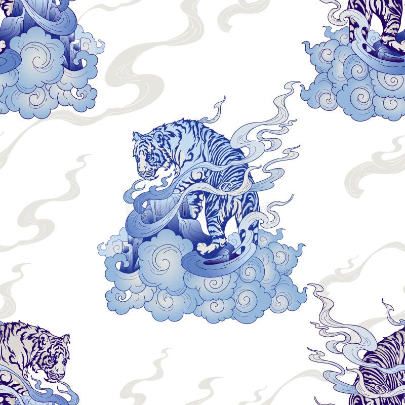 Tiger Climbing with Cloud Design with Oriental Style with Blue ...