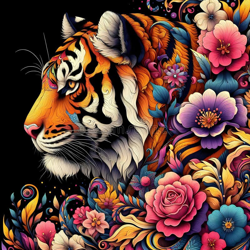 A Tiger with a Colorful Floral Design on Its Face and Body. Stock Image ...