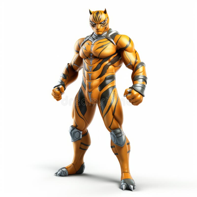 Realistic 3d Tiger Superhero in Liquid Metal Suit on White Background ...