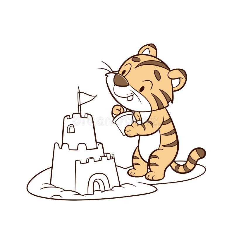 Tiger Cub Building Sandcastle Stock Illustration - Illustration of ...