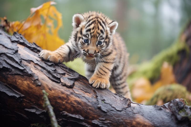Tiger Cub Climbing Over Tree Roots in Discovery Stock Image - Image of ...