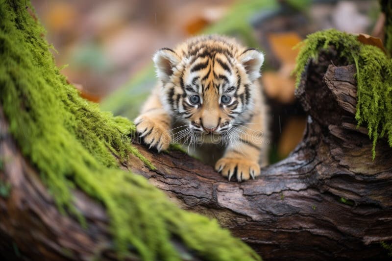 Tiger Cub Climbing Over Tree Roots in Discovery Stock Image - Image of ...