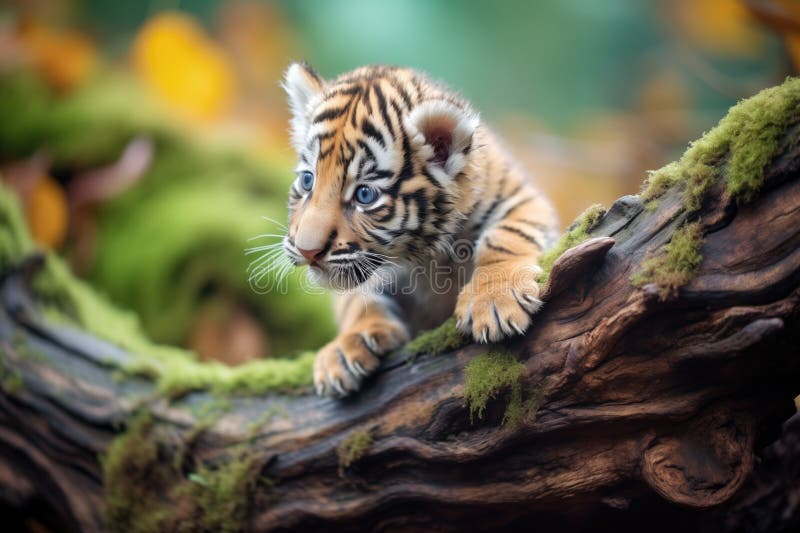 Tiger Cub Climbing Over Tree Roots in Discovery Stock Photo - Image of ...