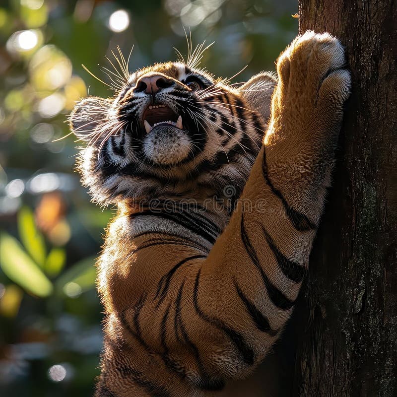 Tiger Cub Climbing Tree with Mouth Open Stock Illustration ...